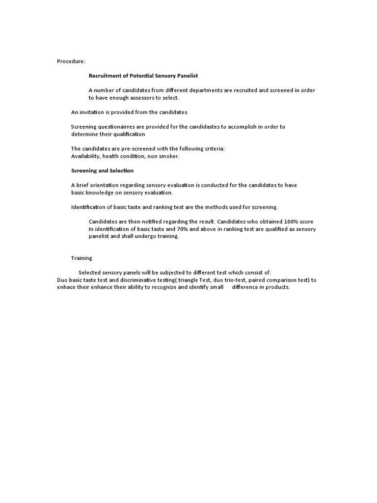 Recruitment of Potential Sensory Panelist | PDF