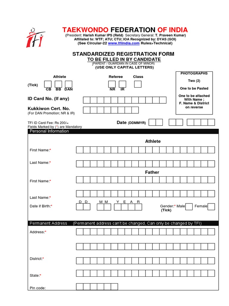 Standardized Registration Form for Athletes and Referees Seeking ...
