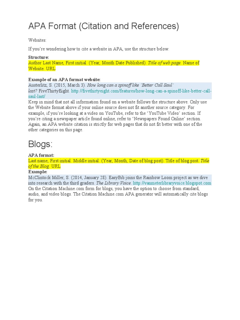 APA Format For Citation and References | PDF | Websites | Apa Style