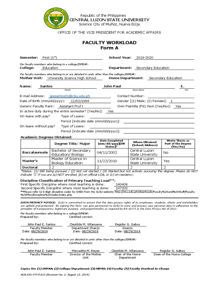Faculty Workload Form A: Central Luzon State University | PDF ...