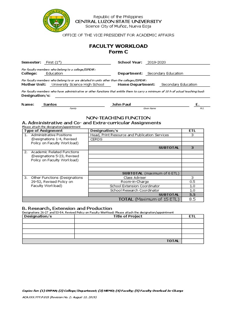CLSU Faculty Workload Summary 2019-2020 | PDF | Students | Educational ...