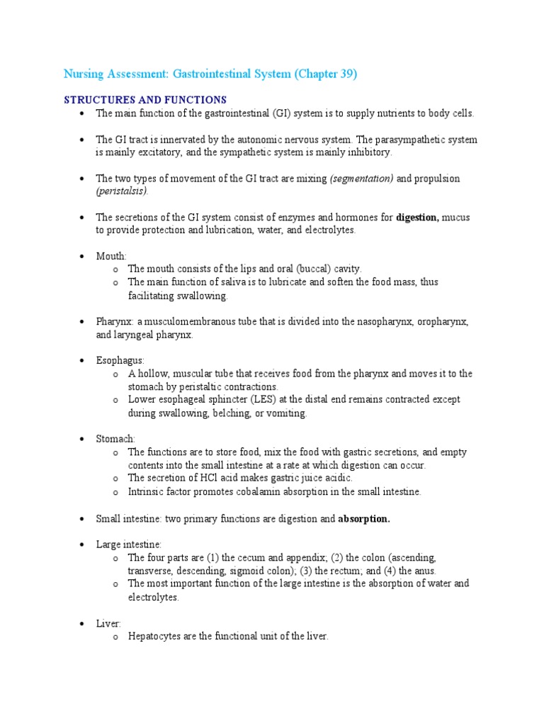 Nursing Assessment: Gastrointestinal System (Chapter 39) : Structures ...