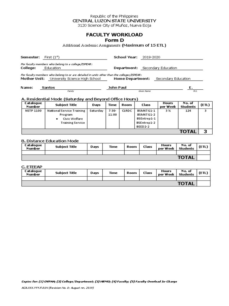 Faculty Workload Form D 2019-2020 | PDF | Schools | Educational ...