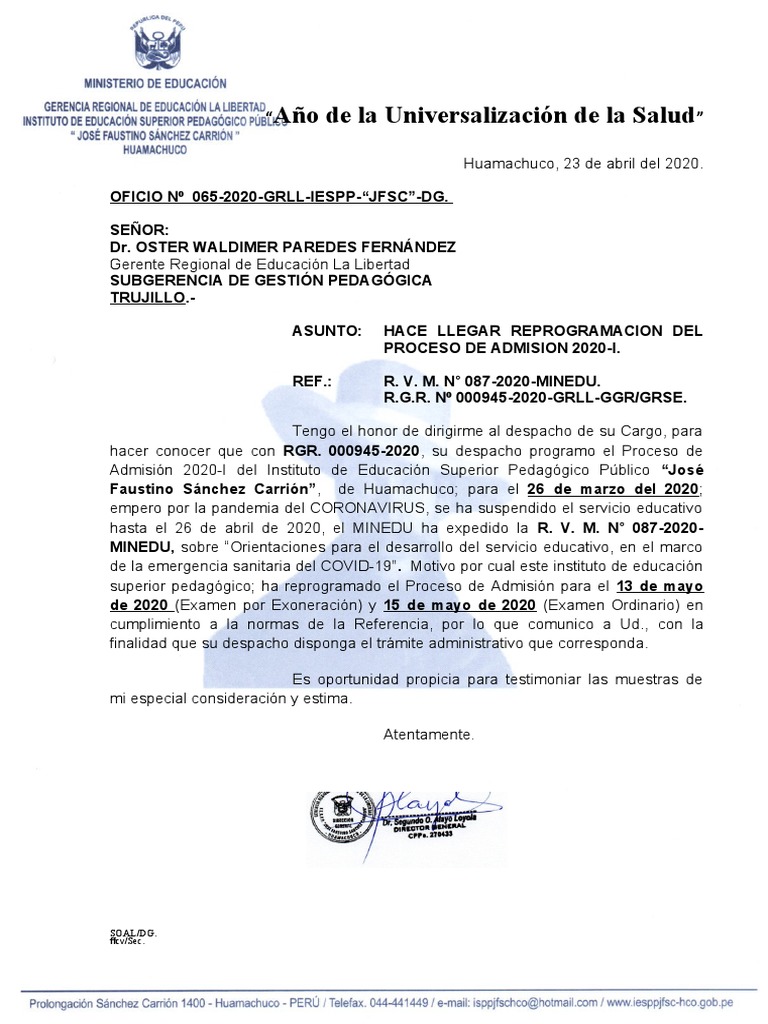 Oficio Reprogramacion Admision-2020-I | PDF