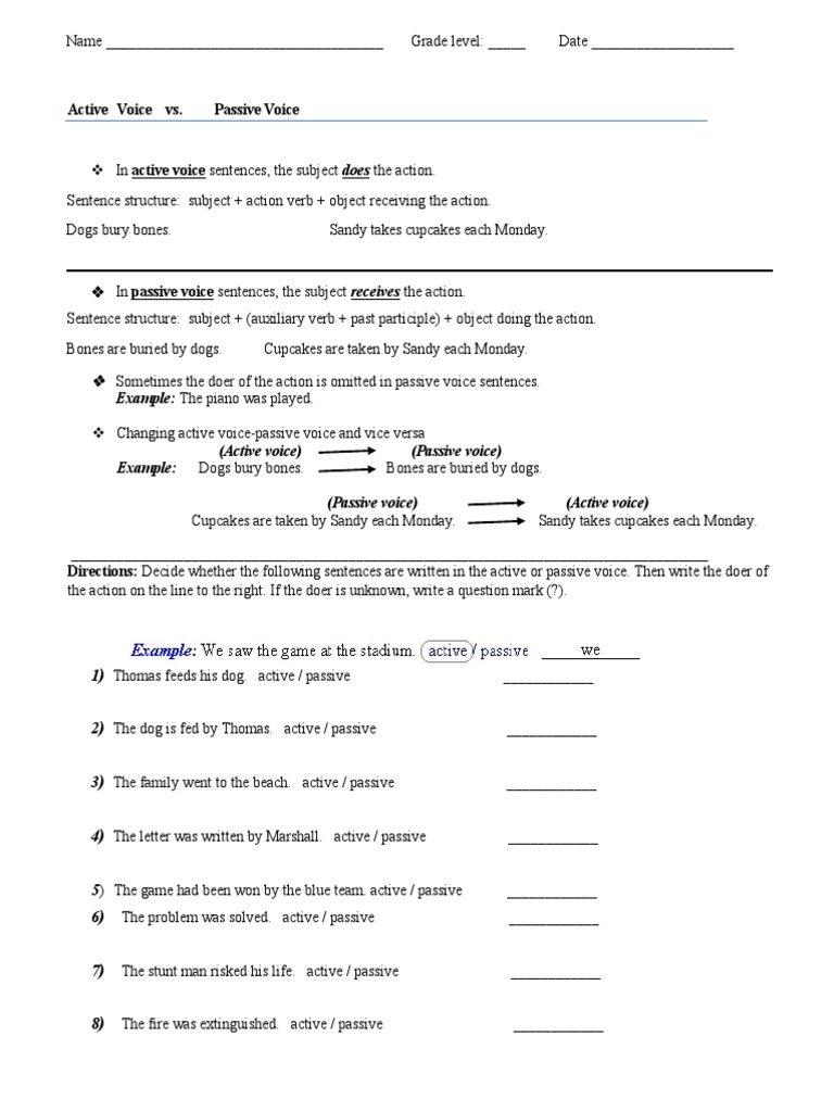 Active Vs Passive Voice Worksheet | PDF | Verb | Grammar