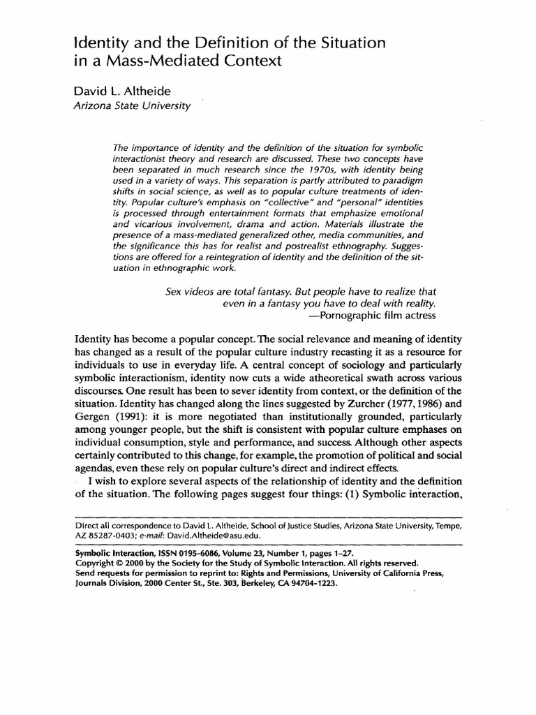 Identity and The Definition of The Situation in A Mass-Mediated Context ...