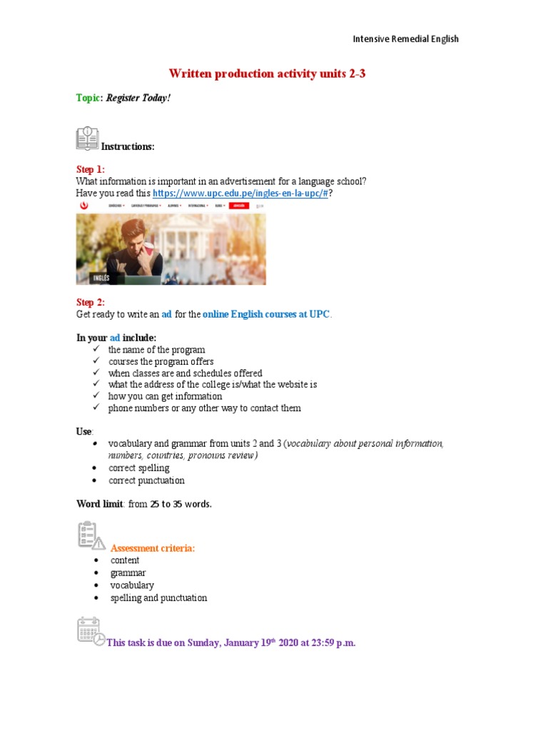 I0 Written Production Activity Units 2-3 | PDF