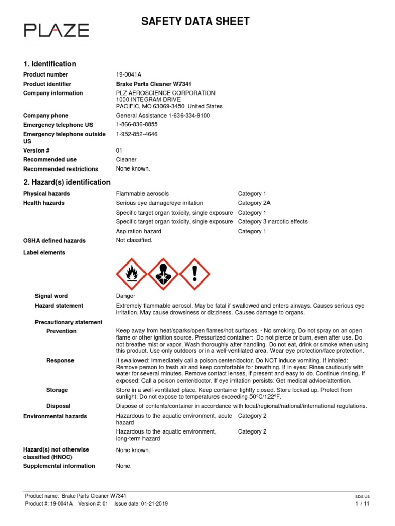 Brake Parts Cleaner W7341 Safety Data | PDF | Dangerous Goods ...