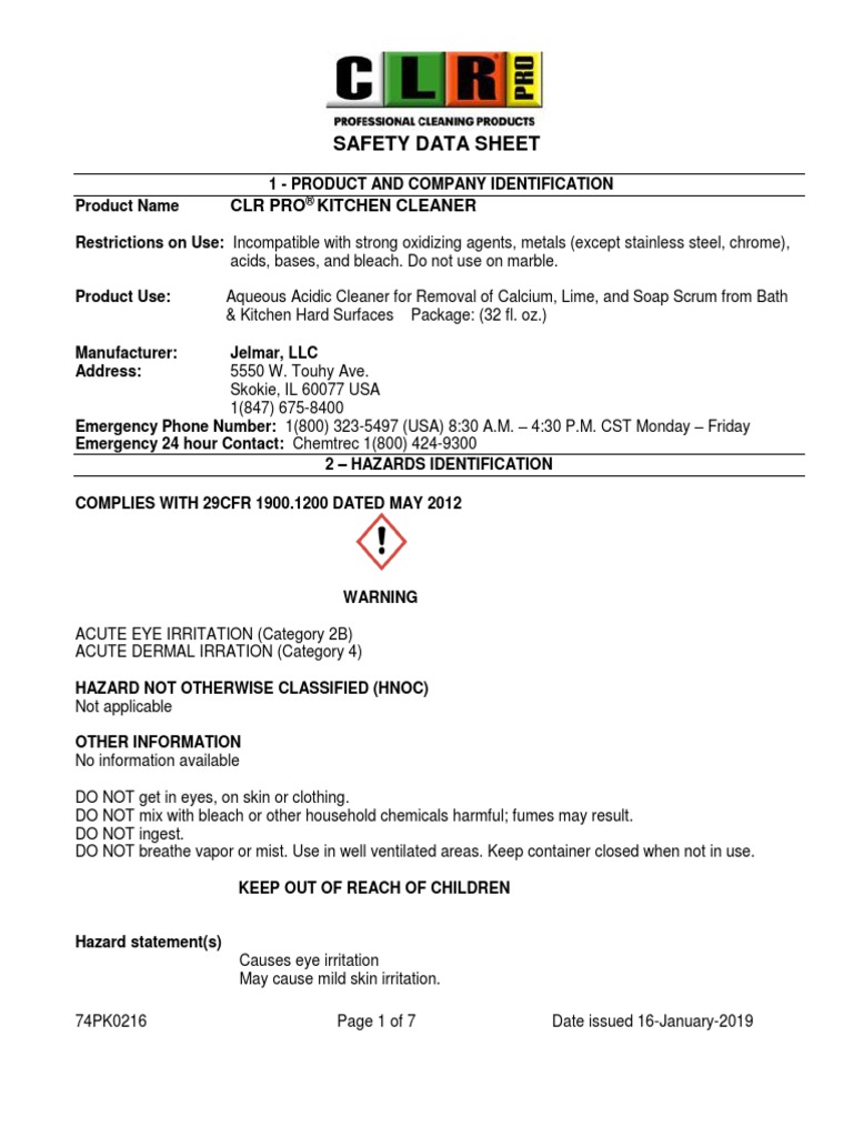 CLR PRO Kitchen SDS-74PK0216-1-16-19 PDF | PDF | Toxicity | Water