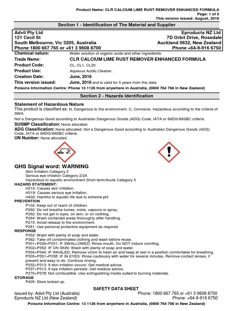 MSDS CLR Calcium Lime Rust Remover PDF | PDF | Nitrogen | Water