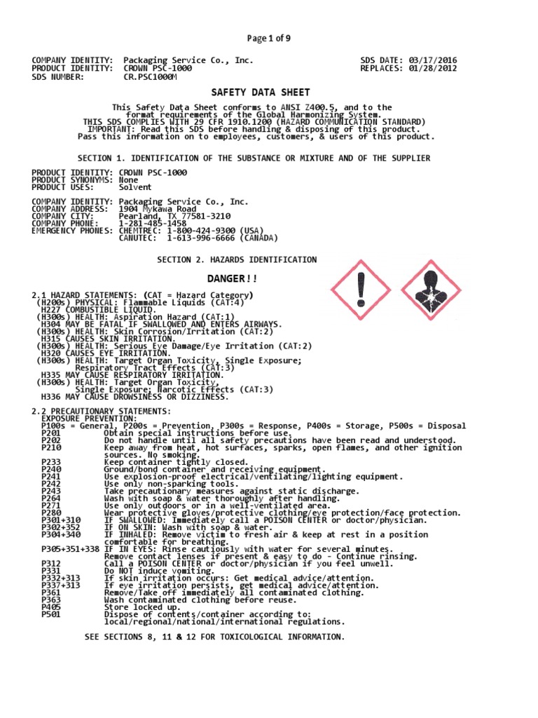 PSC 1000 Parts Washer SDS PDF | PDF | Fires | Personal Protective Equipment
