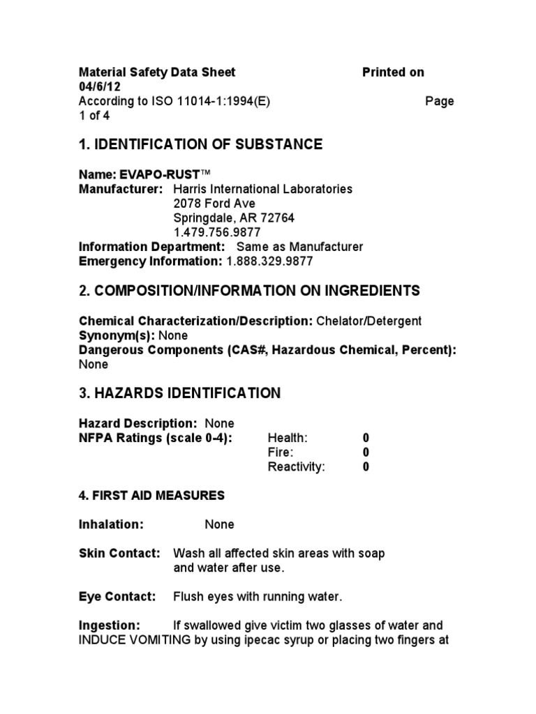 EvapoRust MSDS PDF | PDF | Toxicity | Dangerous Goods