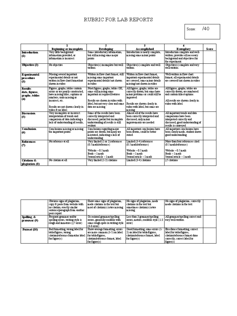 Rubric For Lab Reports /40 | PDF | Citation | Plagiarism