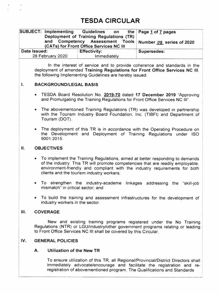 TESDA Guidelines for Front Office NC III | PDF | Vocational Education ...