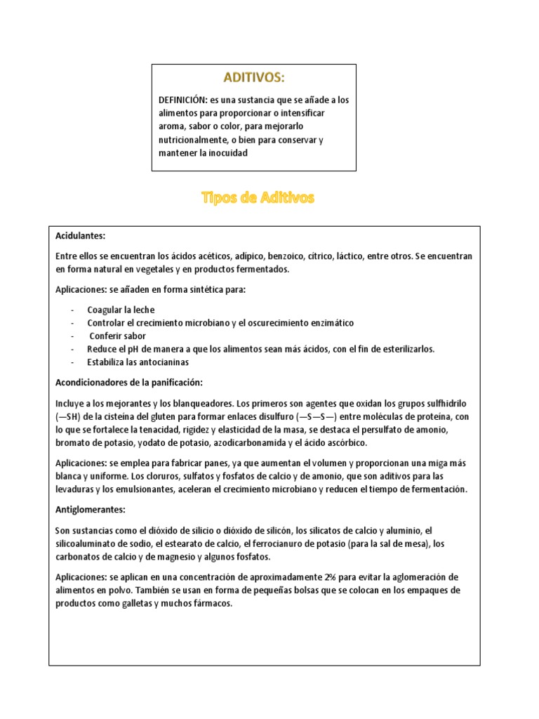 Tipos de Aditivos | PDF | Calcio | Alimentos