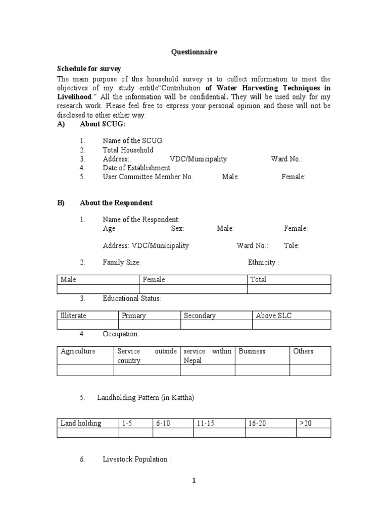 Questionnaire Schedule For Survey | Download Free PDF | Water Scarcity ...