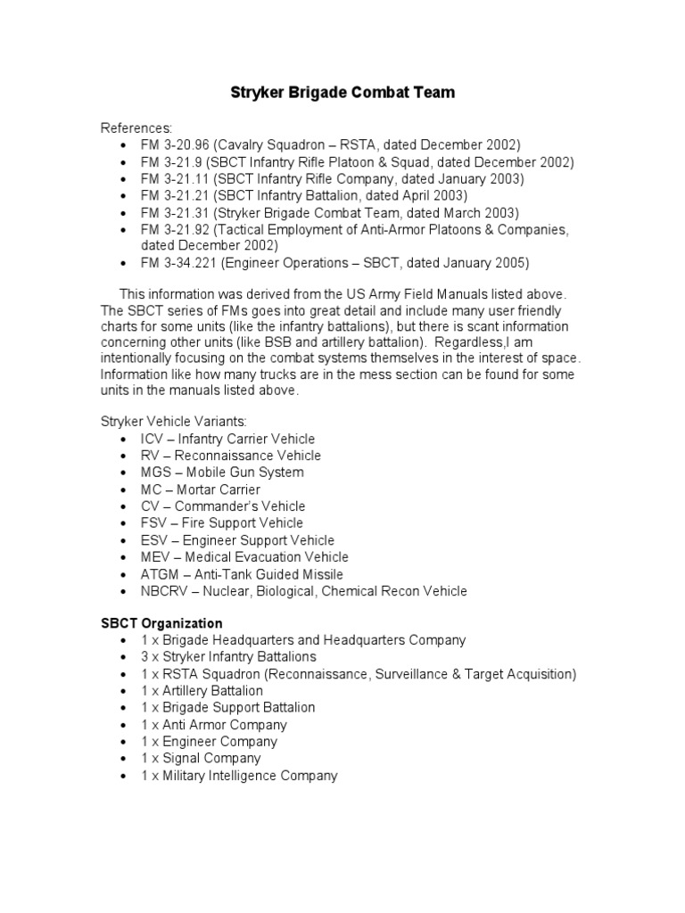 Stryker Brigade Combat Team: SBCT Organization | PDF | Battalion ...