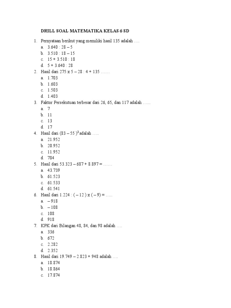Drill Soal Matematika Kelas 6 SD | PDF