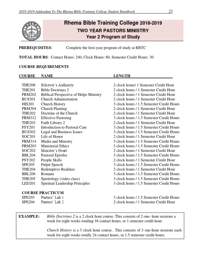 Rhema Bible Training College: 2018-2019 Two Year Pastors Ministry Year ...