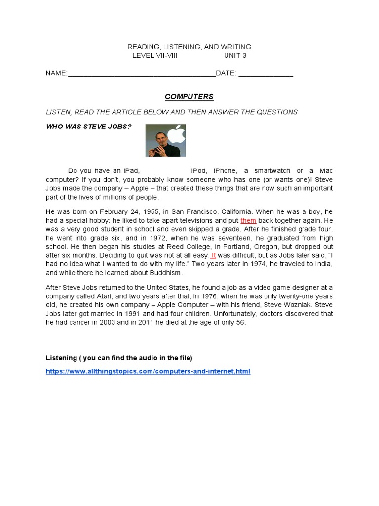Unit 3 Reading, Listening, and Writing | PDF | Steve Jobs | Apple Inc ...
