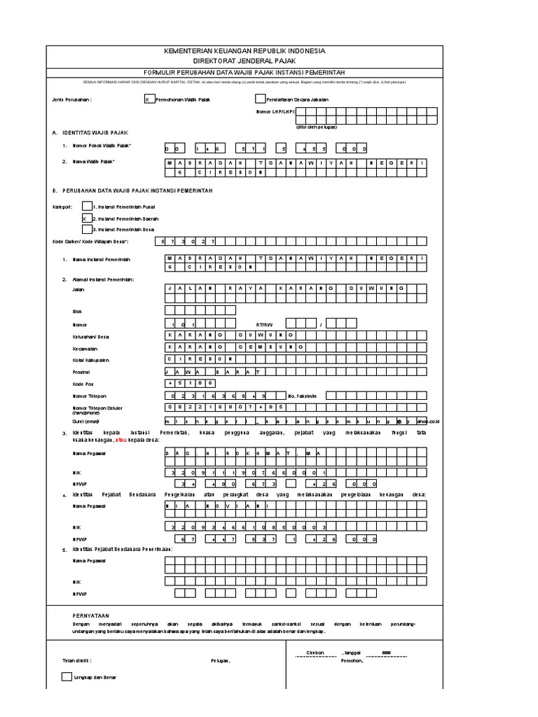 Formulir Perubahan Data WP Instansi Pemerintah | PDF