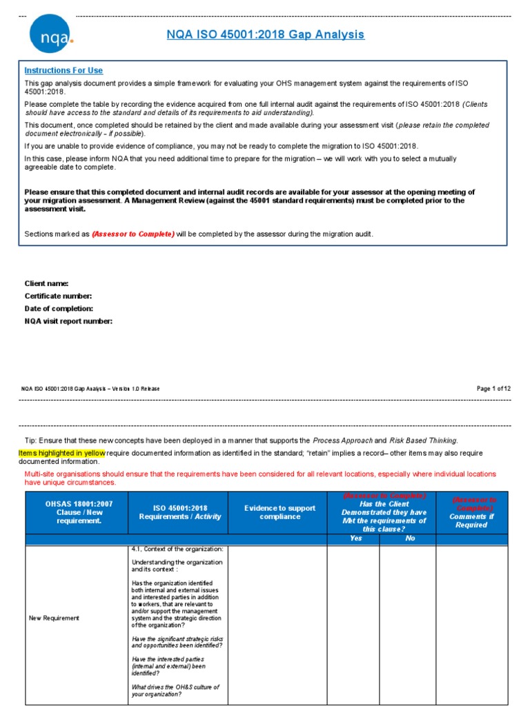 ISO 45001 NQA Client Migration Gap Analysis Form V1 | PDF | Audit ...