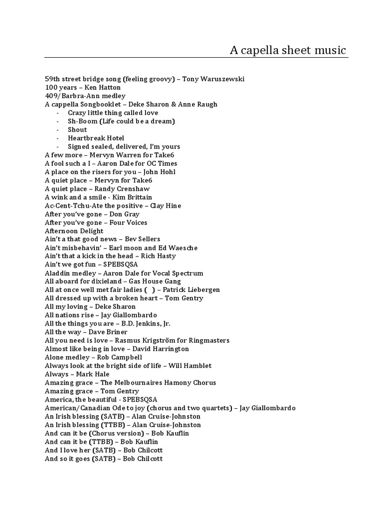 A Cappella Sheet Music Collection | PDF | Vocal Music | Entertainment ...