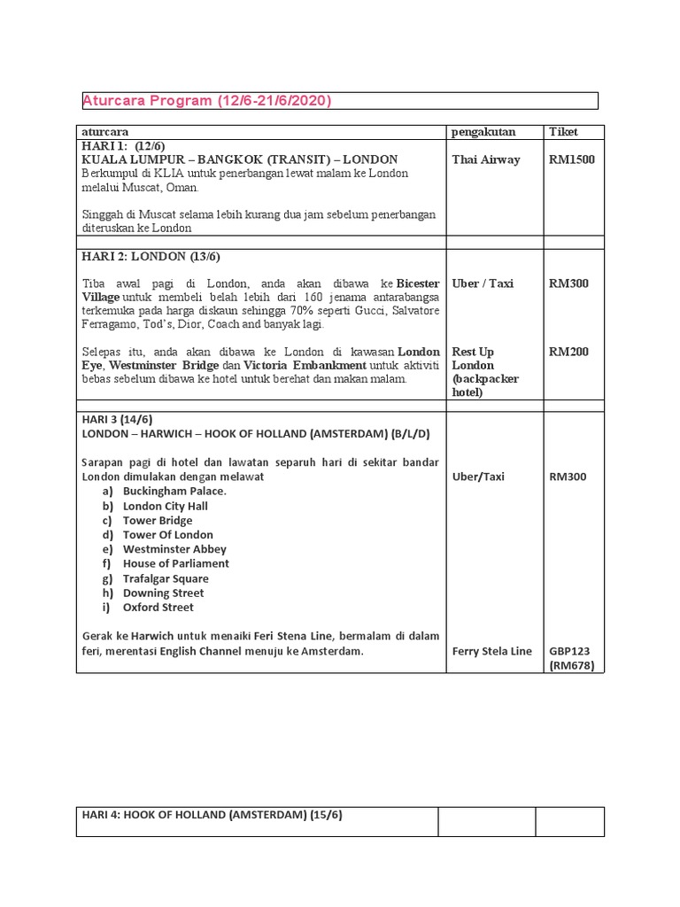 Aturcara Program (London-Amsterdam-Brussels-Paris) | PDF