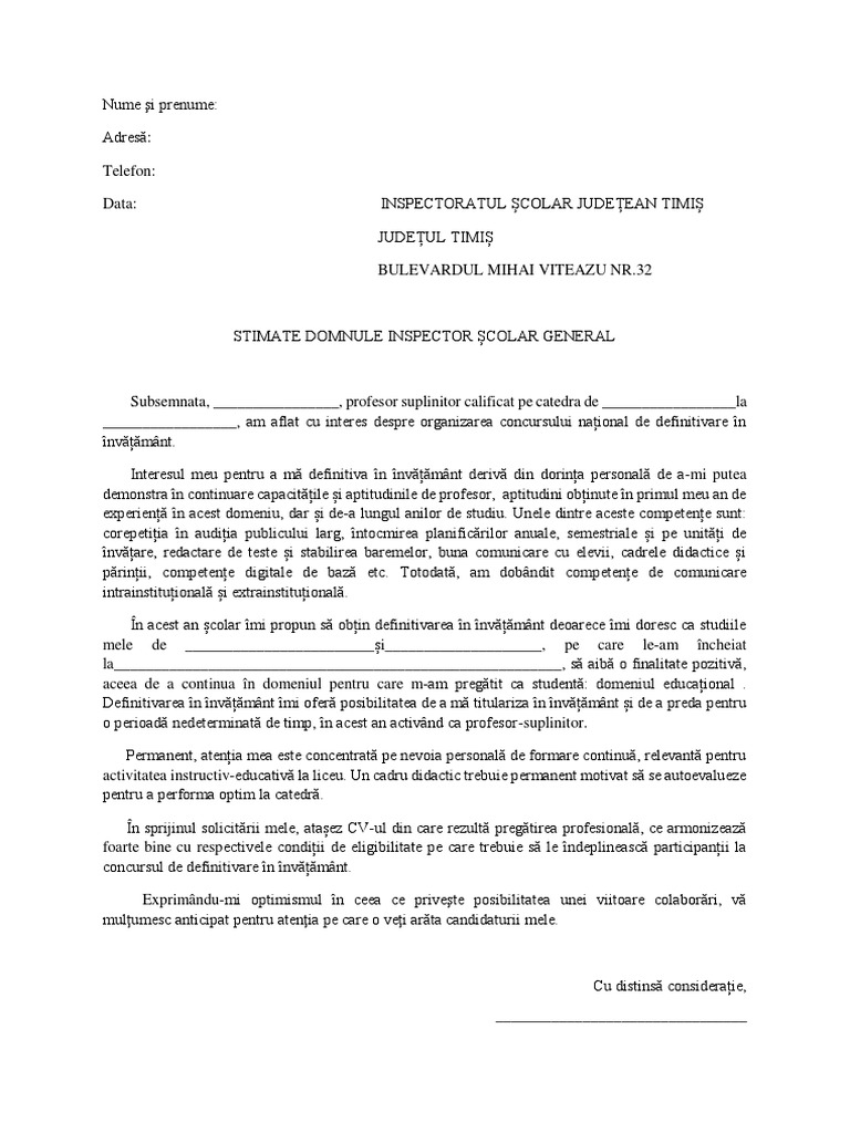 SCRISOARE DE INTENTIE Model Definitivat | PDF
