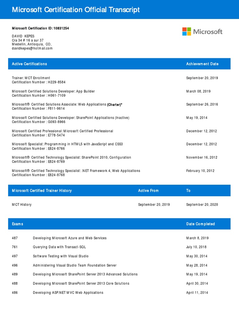 Microsoft Certified Professional Transcript | PDF | Microsoft Certified ...