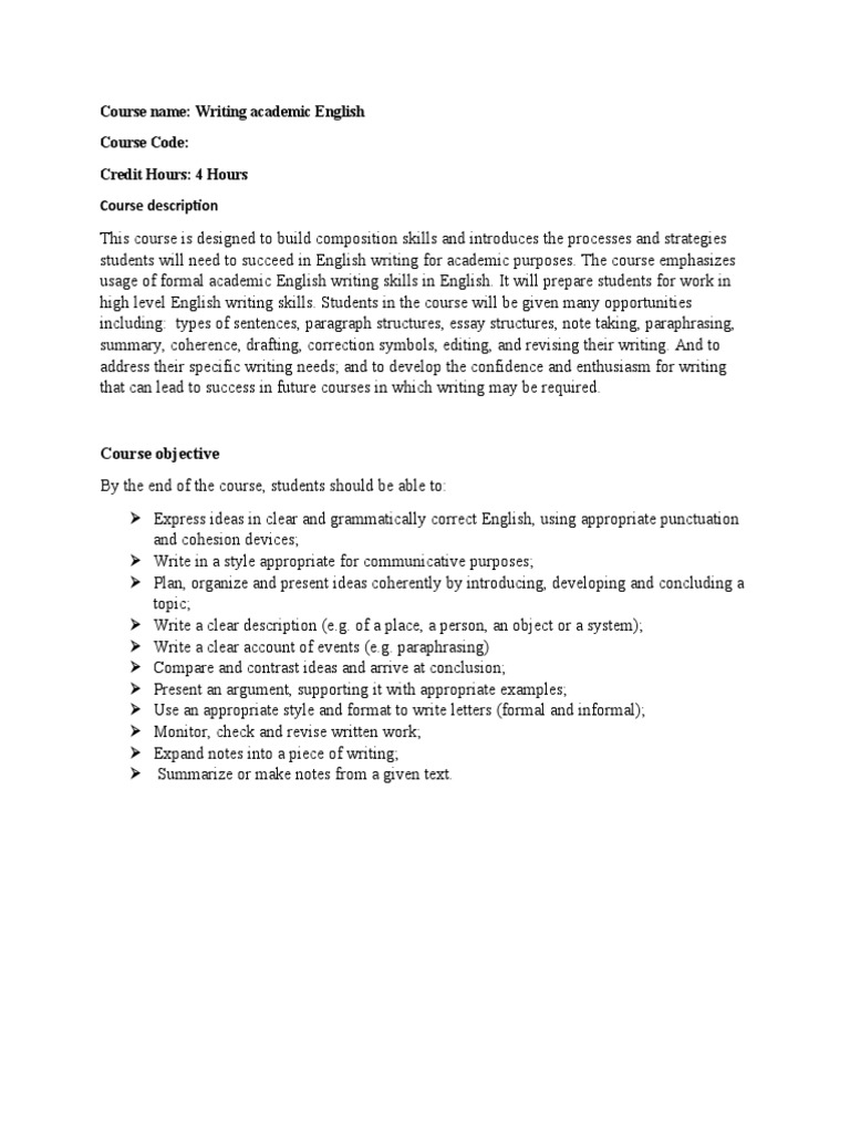Course Syllabus of Academic Writing | PDF | Clause | Sentence (Linguistics)