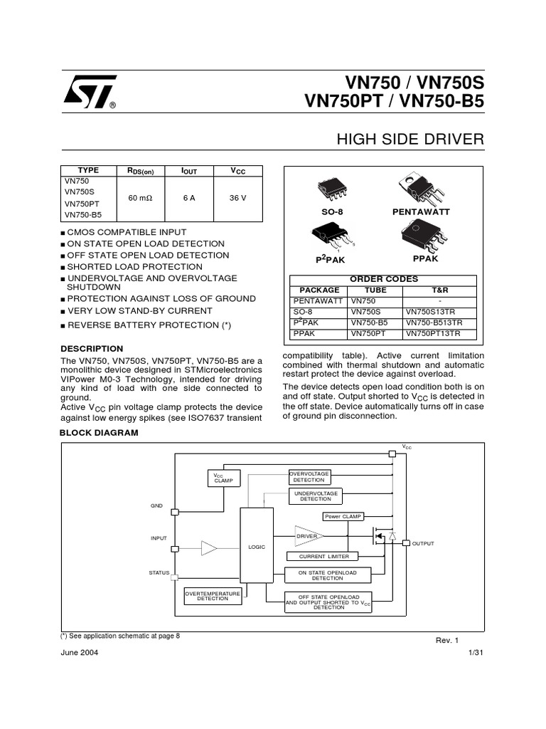 VN750 / VN750S VN750PT / VN750-B5: High Side Driver | PDF | Resistor | Electrical Components