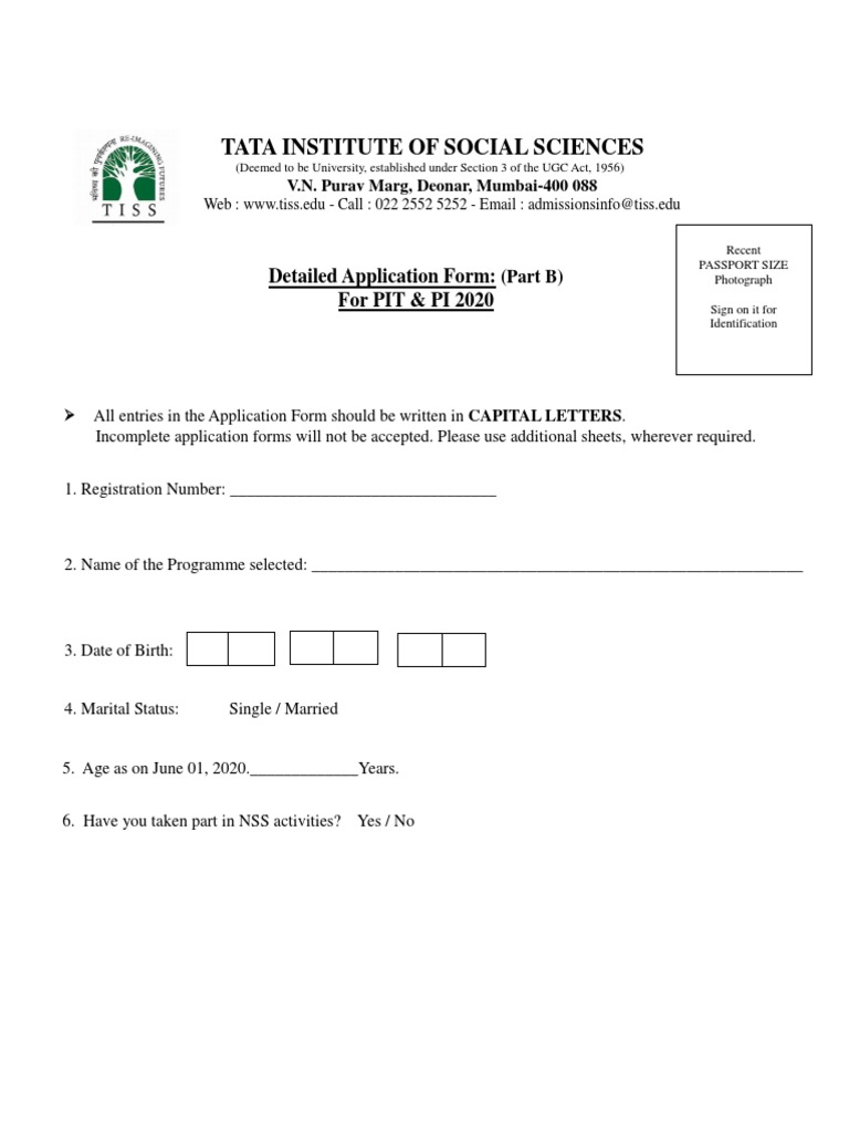 Tata Institute of Social Sciences: Detailed Application Form: For PIT ...