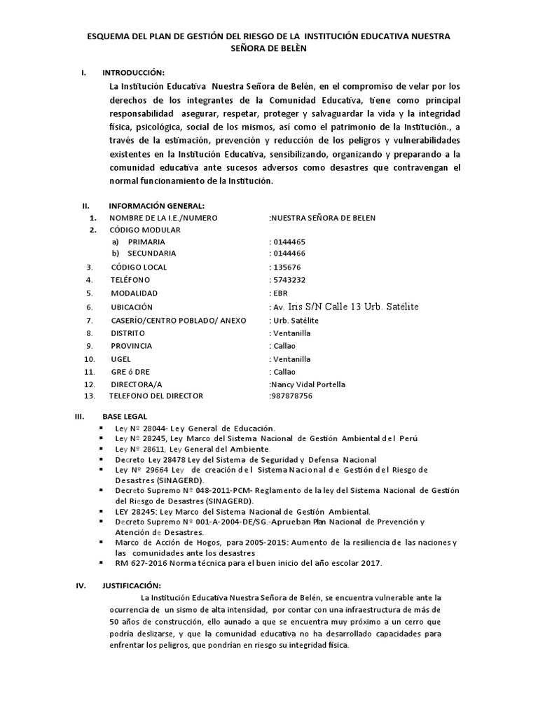 ANEXO 1 ESQUEMA DE PLAN DE GRD-II. EE - Ejemplo. | PDF | Primeros auxilios | Reducción de Desastres