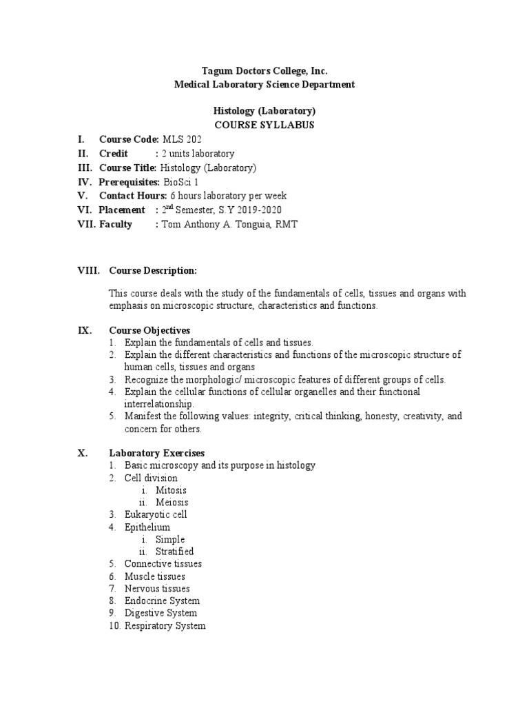 Course Syllabus - Histology Lab | PDF