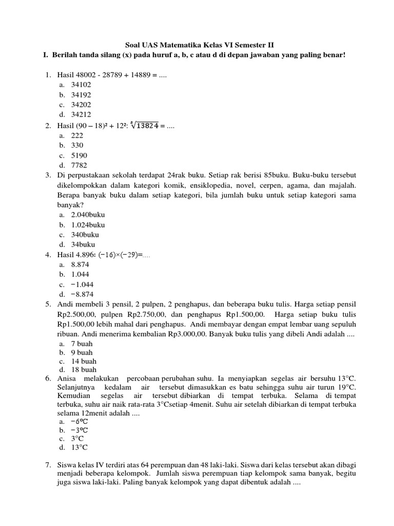 Soal UAS Matematika Kelas VI Semester II | PDF