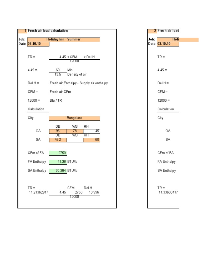 1 Fresh Air Load Calculation 2 Fresh Air Load Calculation Job: Holiday ...