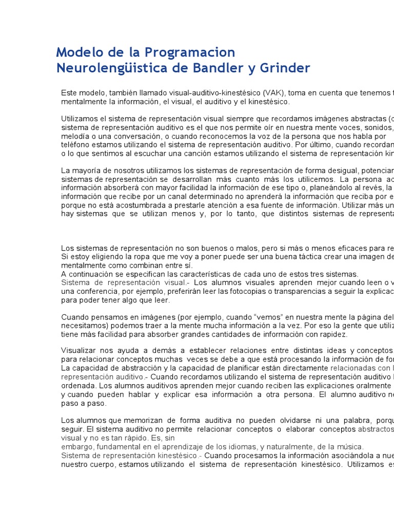 Análisis del modelo VAK de representación de la información según la Programación Neuro ...
