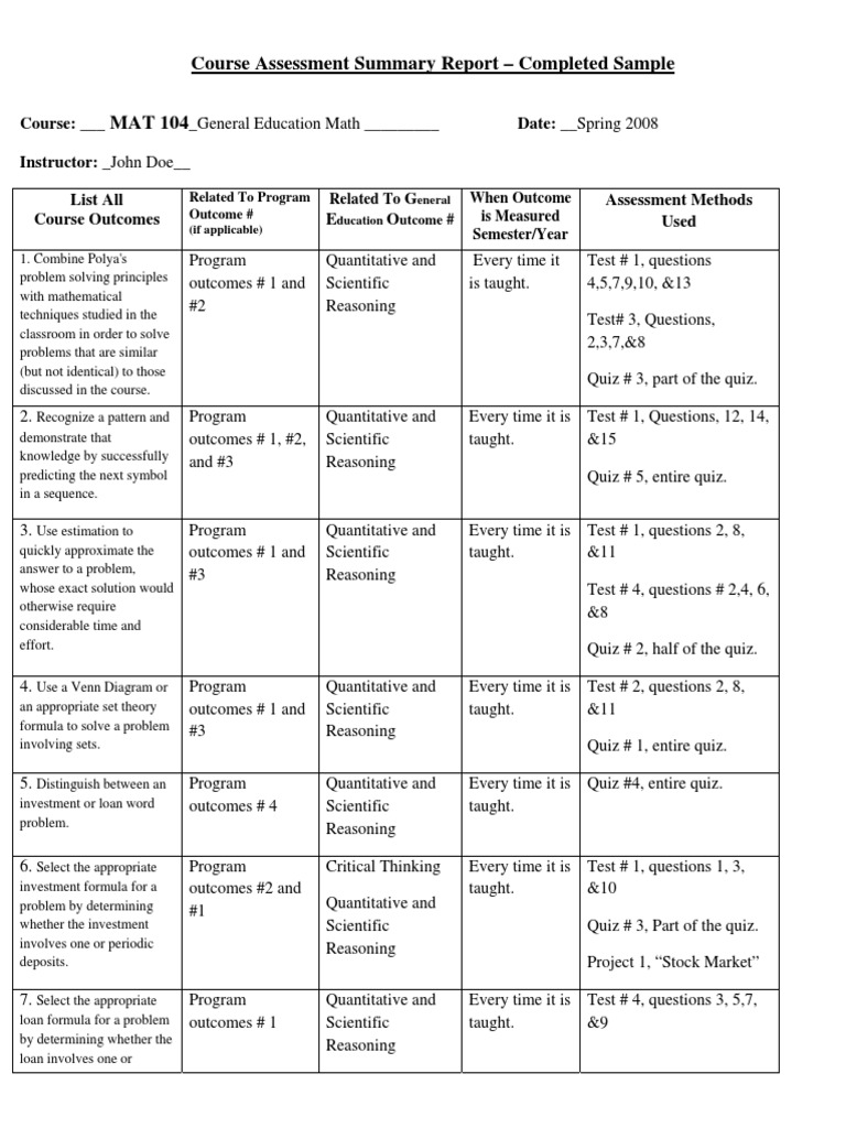 Sample Course Assessment Summary Report PDF | PDF | Educational ...