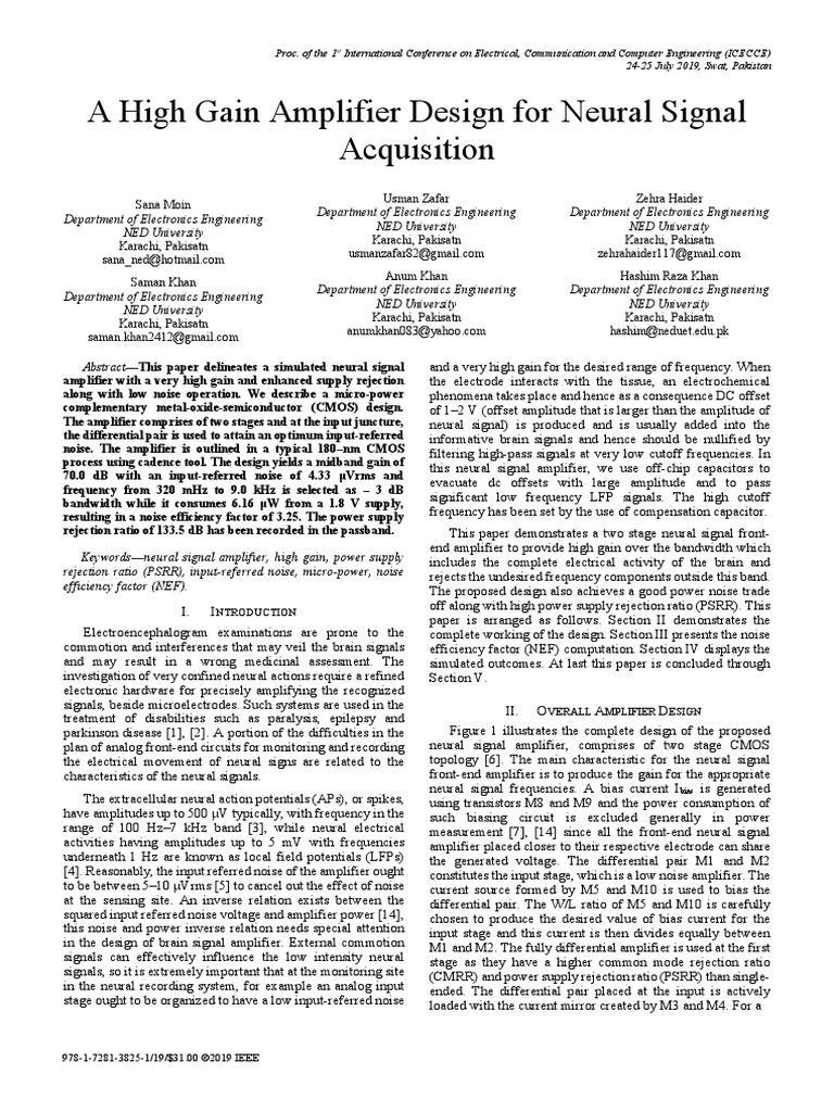 A High Gain Amplifier Design For Neural Signal Acquisition | PDF ...