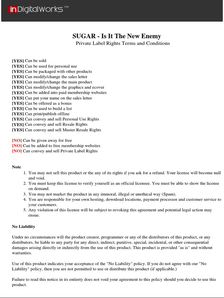SUGAR - Is It The New Enemy: Private Label Rights Terms and Conditions ...