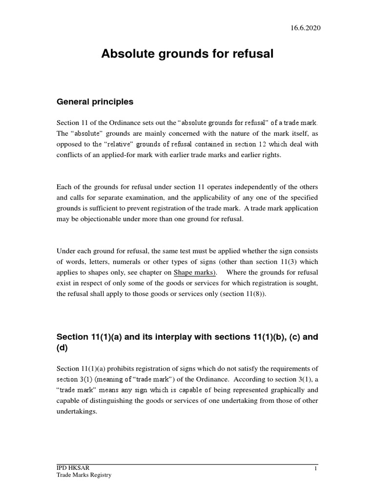 Absolute Grounds For Refusal: General Principles | PDF | Trademark ... Absolute Grounds For Refusal: General Principles | PDF | Trademark ...