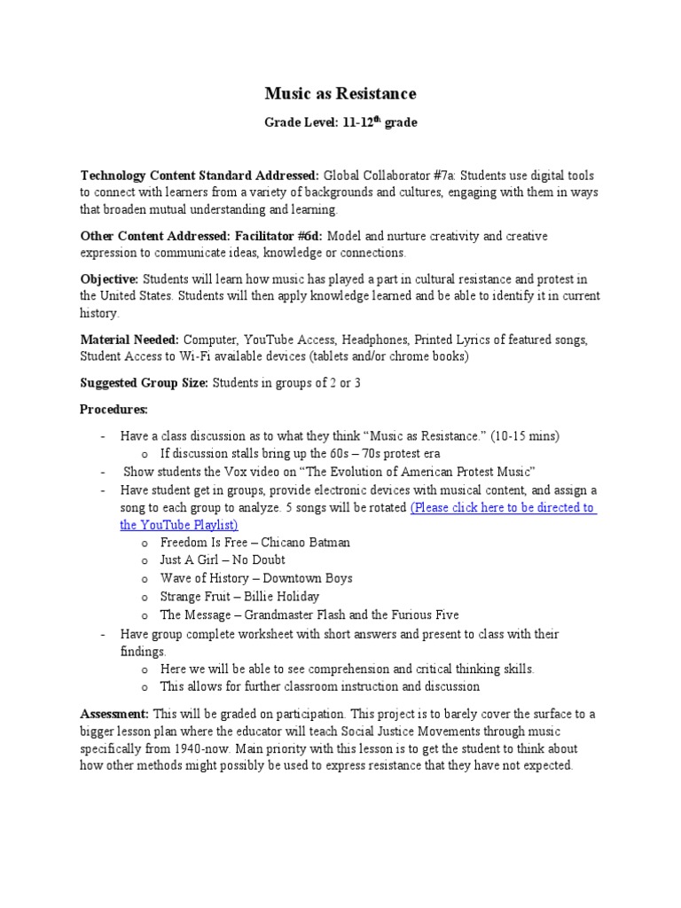 Music As Resistance Lesson Plan | PDF