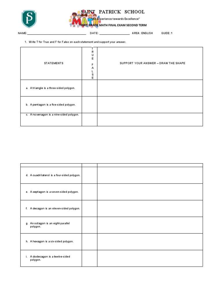 Saint Patrick School Third Grade Math Final Exam Second Term Pdf