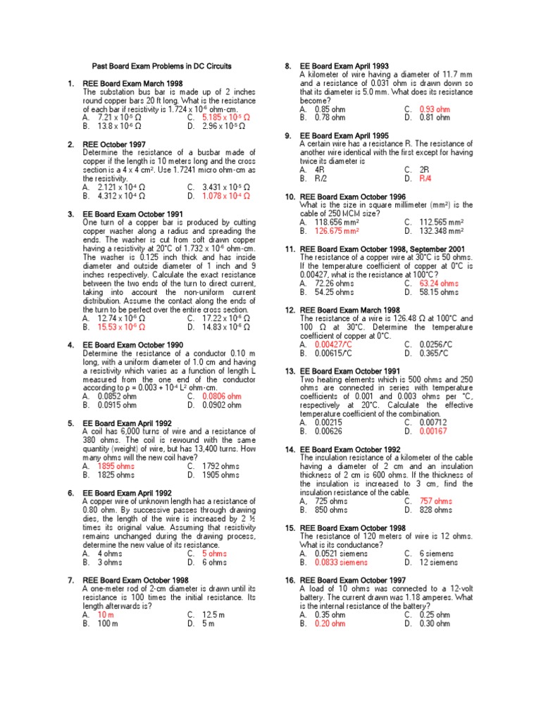 Past Board Exam Questions in DC Circuits | Download Free PDF ...