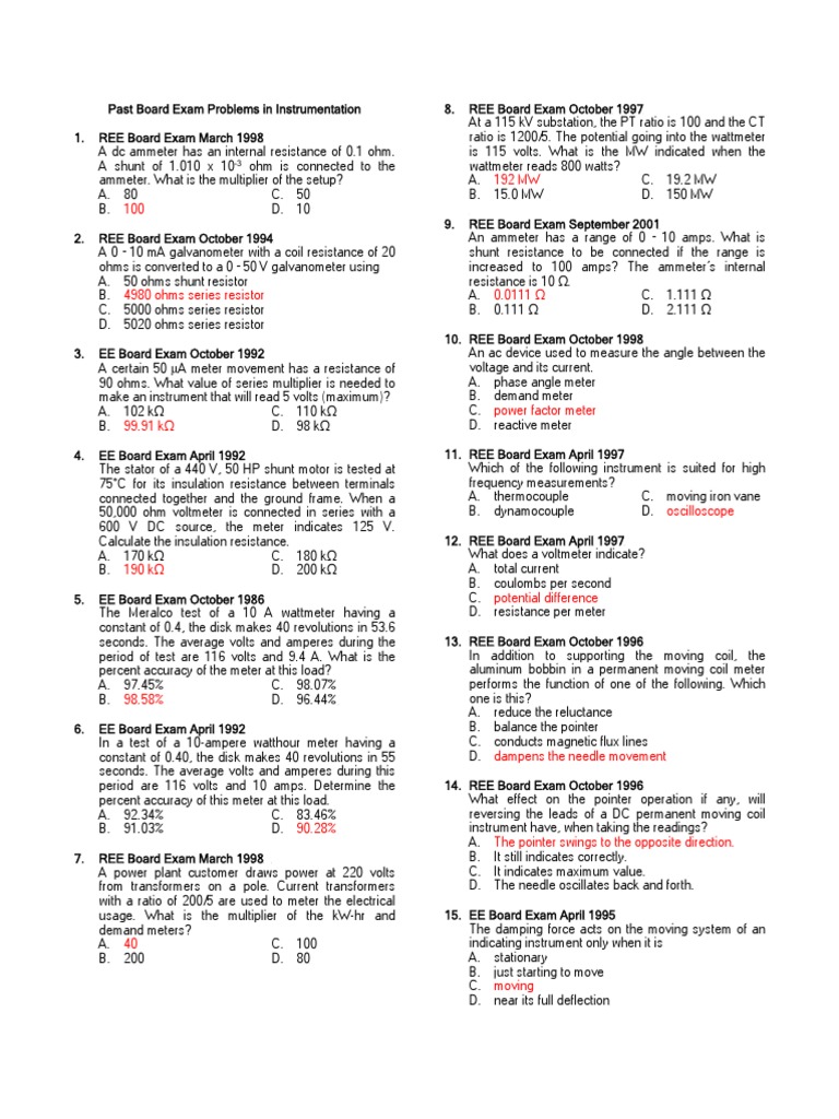 Past Board Exam Questions in Instrumentation | PDF | Resistor | Force
