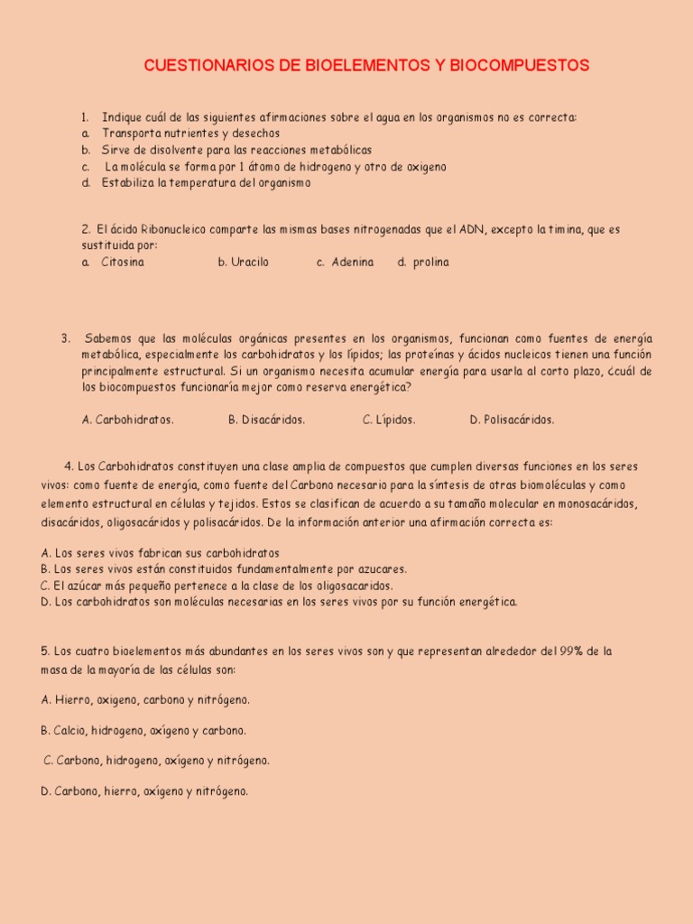 Cuestionarios de Bioelementos y Biocompuestos | PDF | Carbohidratos | Glucosa