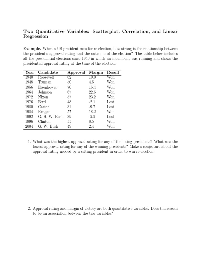 Two Quantitative Variables: Scatterplot, Correlation, and Linear ...