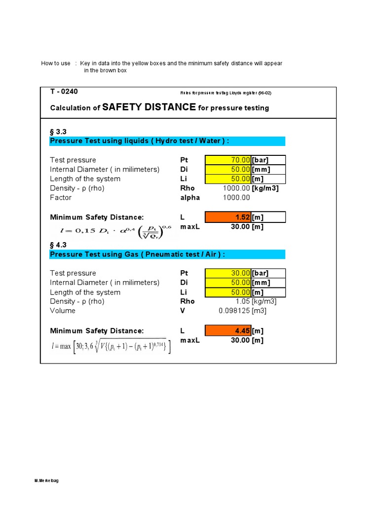 Minimum Safe Distance Calculator - Pressure Test | PDF