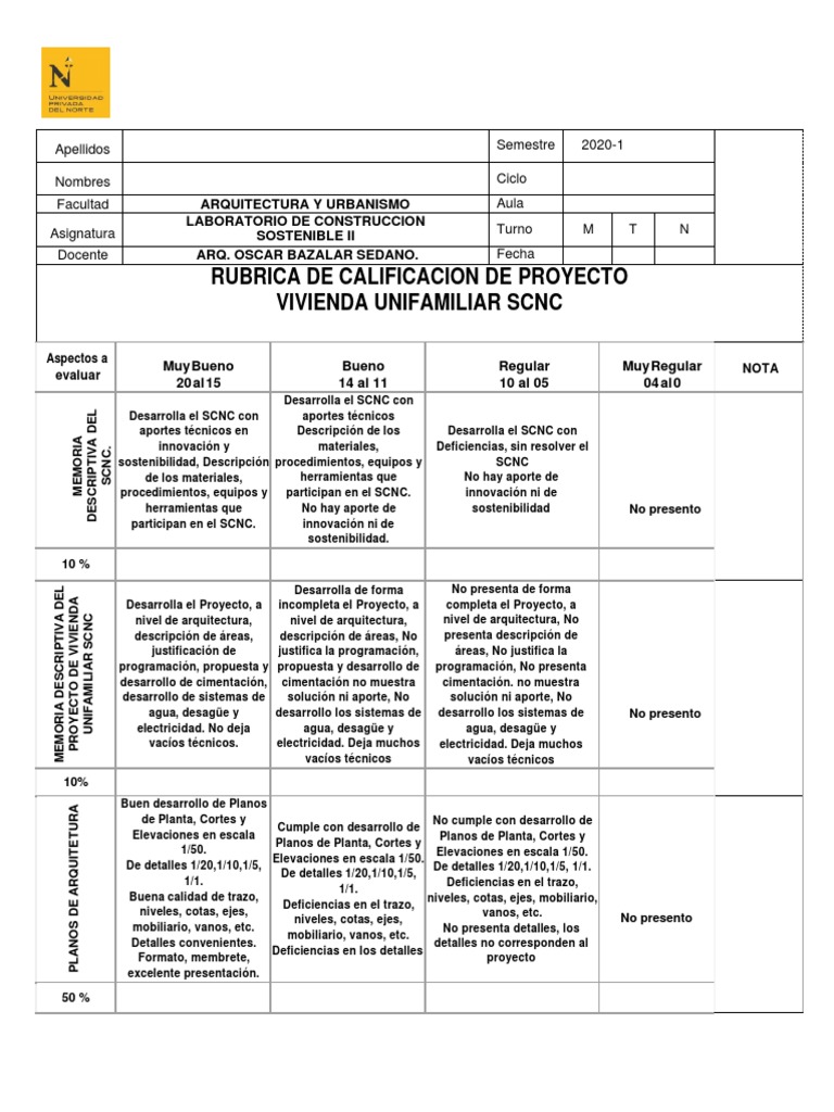 Rubrica Entrega de Proyecto Vivienda Unifamiliar SCNC | PDF | Hormigón ...